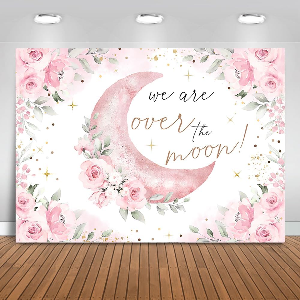 Amazon.com : Mocsicka Over The Moon Baby Shower Backdrop - Pink Floral ...