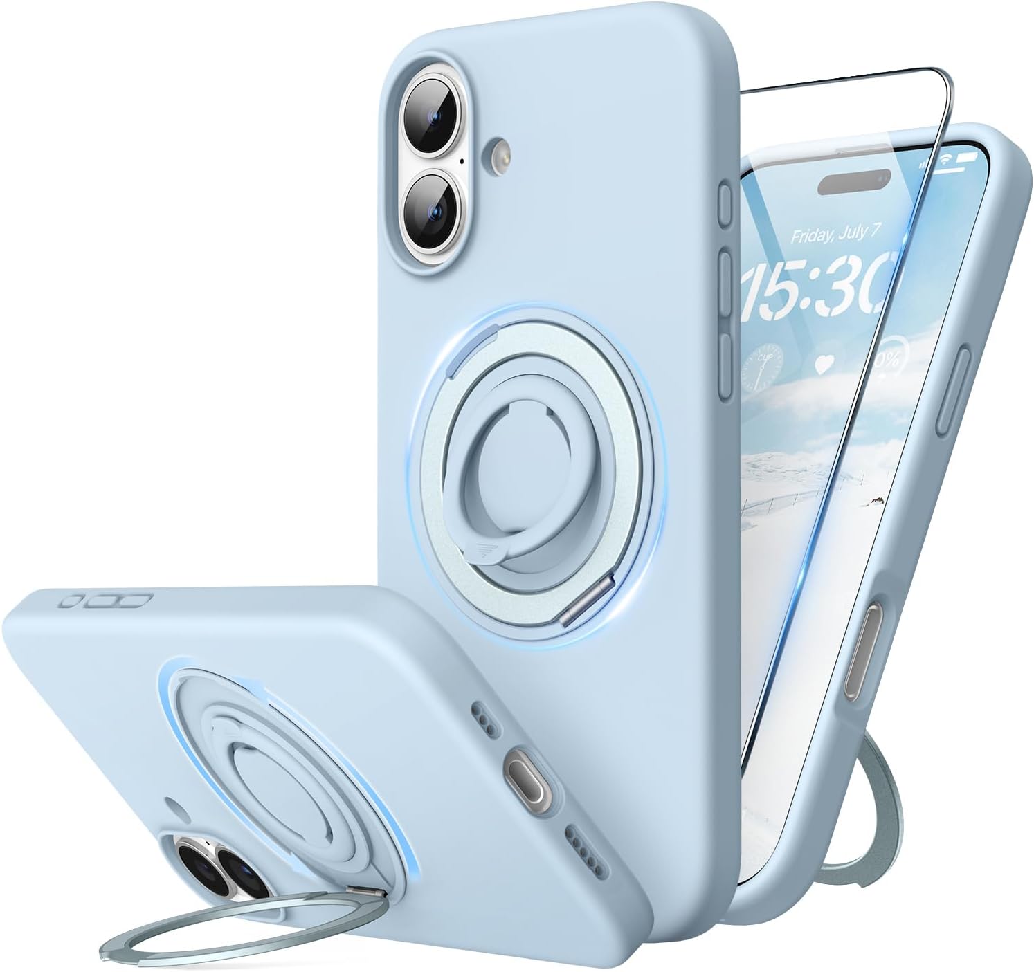 Amazon.co.jp: SURPHY iPhone 16 用スタンドケース シリコン, 6.1インチ(2024) 回転可能なシリコンリング,360°回転スタンド MagSafe対応 横縦 ...