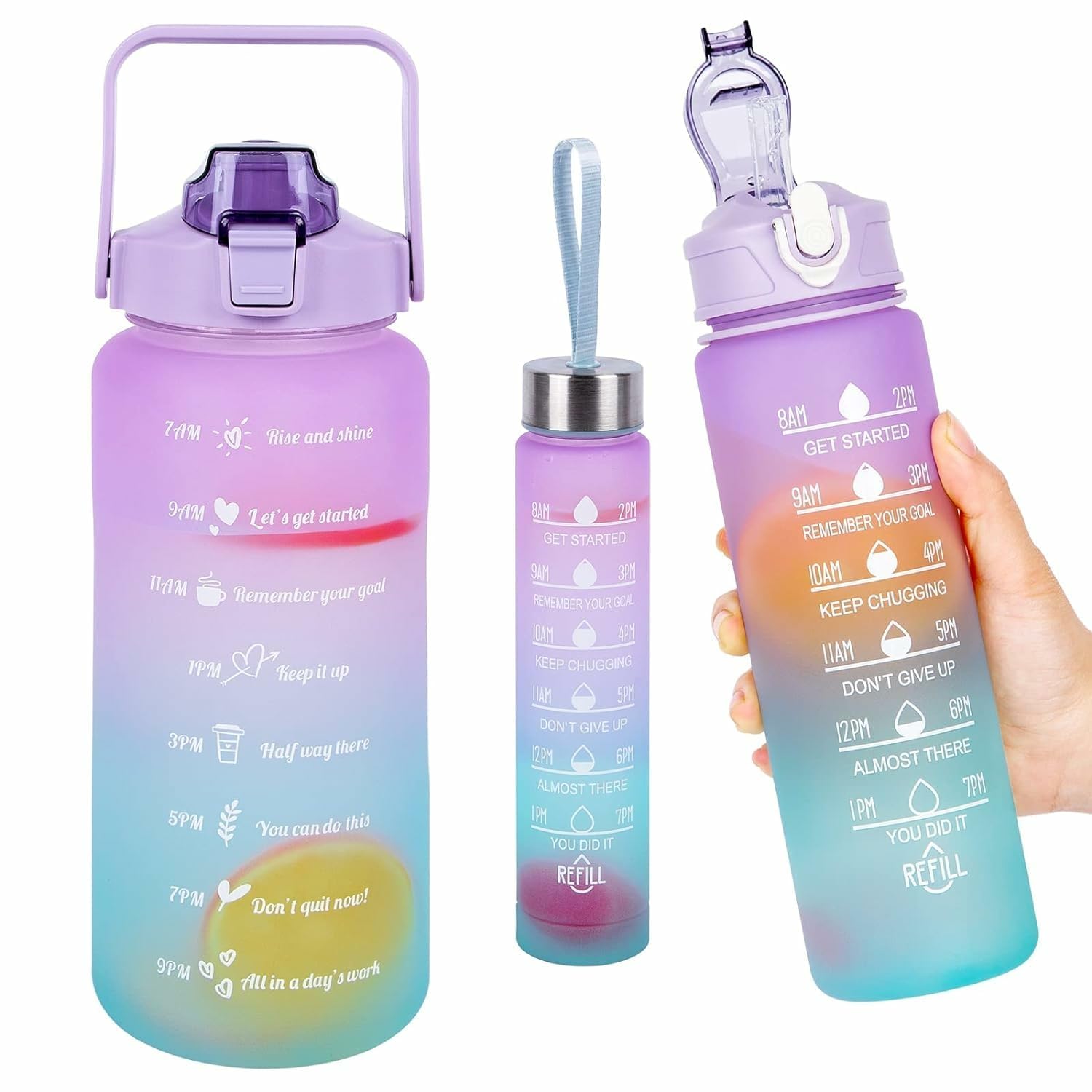 3 PCS Motivational Water Bottles With Straw, 10oz 32oz 64oz ...