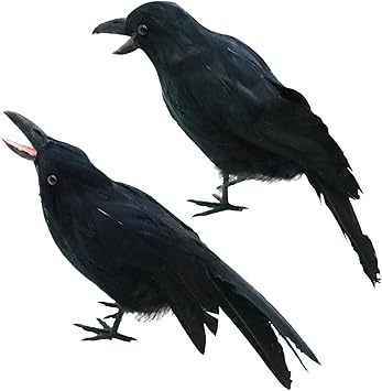 Amazon.com: 2Pcs Halloween Decor Realistic Crow 9.5" & 9.8" Large Black ...