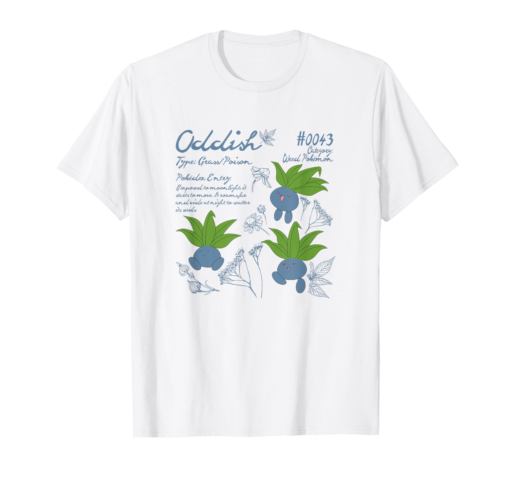 Amazon.com: Pokémon Cute Oddish #0043 Pokédex Entry & Type Info T-Shirt ...