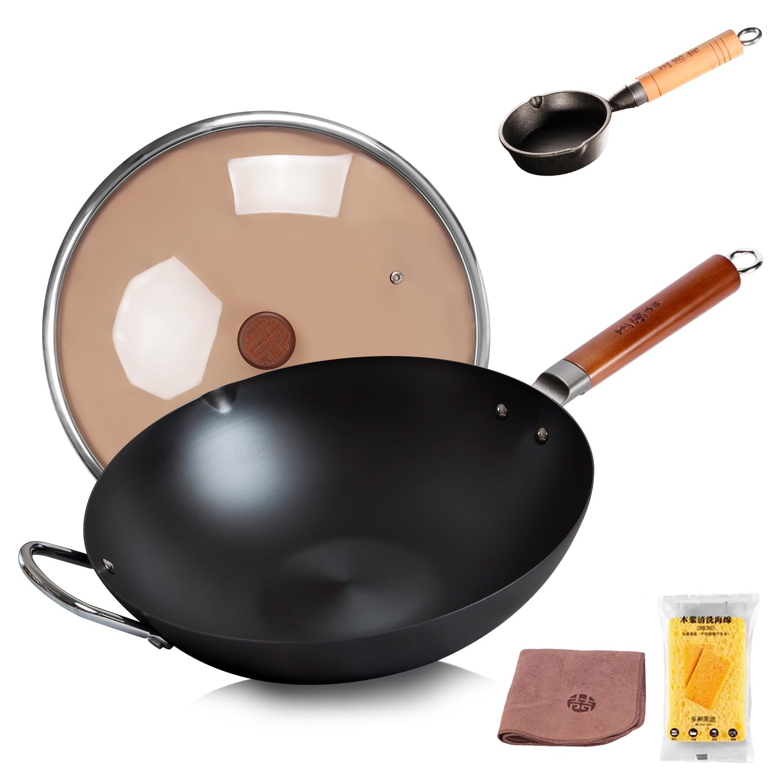 WANGYUANJI Carbon Steel Wok,14.2" Wok and Melting Pot Cast Iron Sauce ...