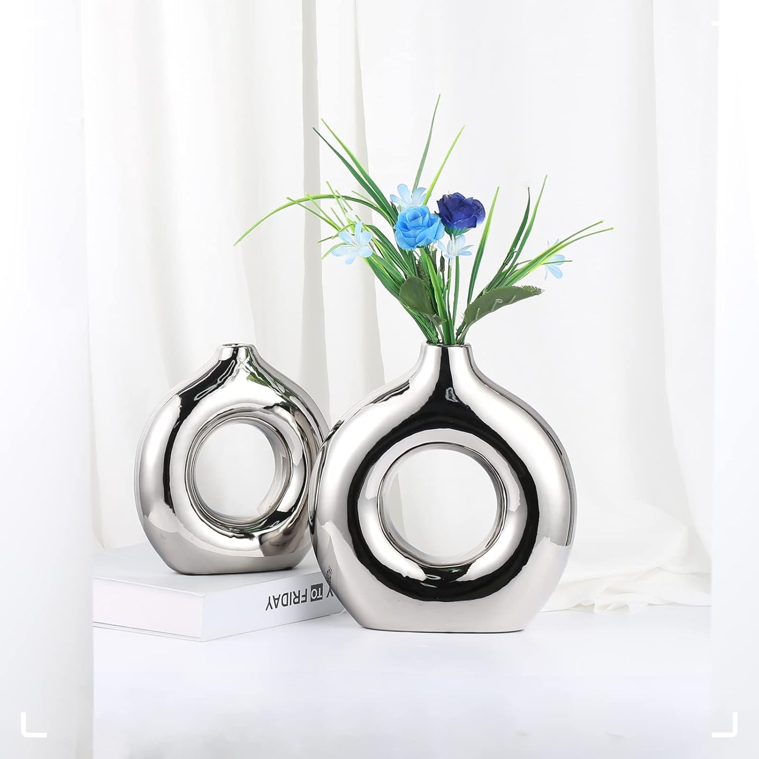 Amazon.com: Ceramic Silver Plated Vase Set-2 Vases Home Decor Donut ...