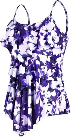 Amazon.com: Holipick Purple Floral Women Tankini Tops Ruffle Swim Tops ...