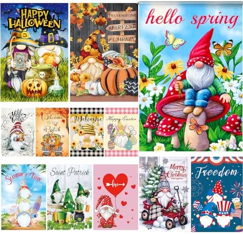 Amazon.com : 12 Set Gnome Seasonal Garden Flags,Double Sided 12 x 18 ...