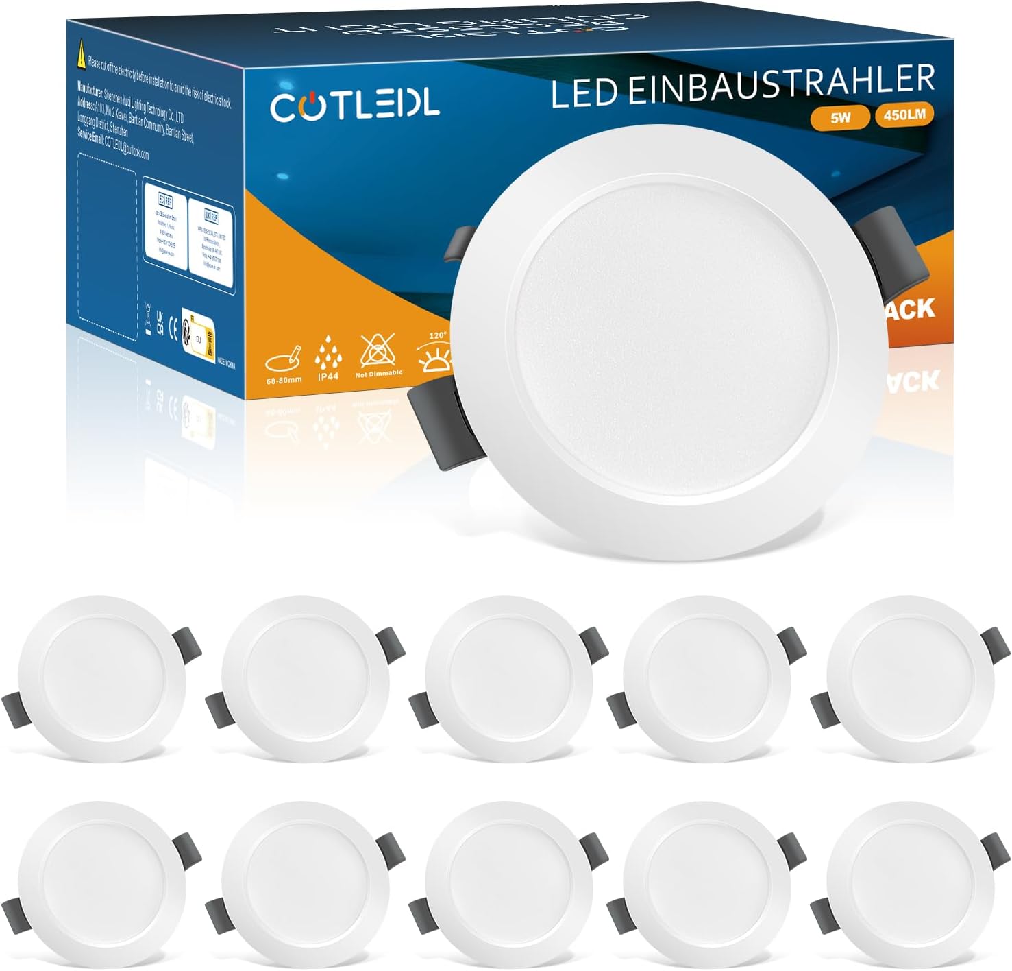 Tailcas LED Einbaustrahler 230V, 5W Flach LED Spot IP44 12er Set, 68 ...