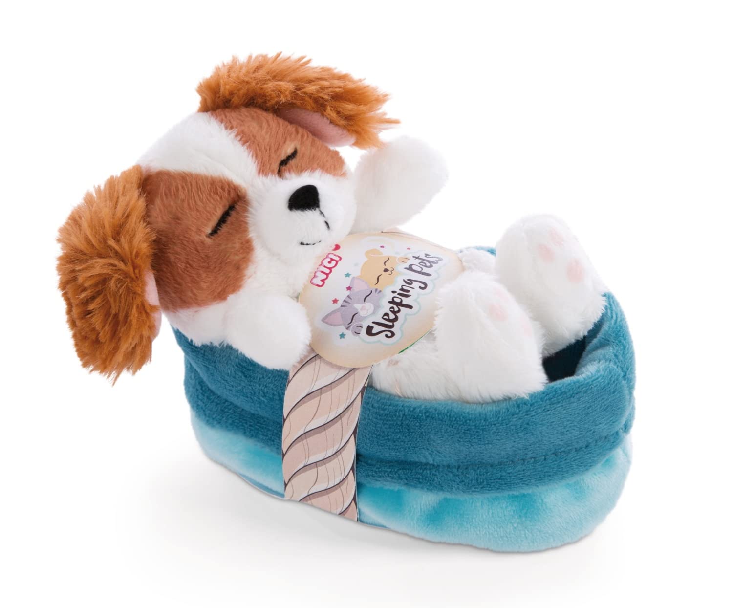 Basket Cuddly Puppies Soft Toy Sleeping Pets Dog In Red Pink Basket