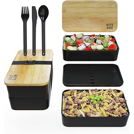 Bite Box Lunchbox 1400ml Modern 2 Tier Lunch Box with Bamboo Lid, 3 ...