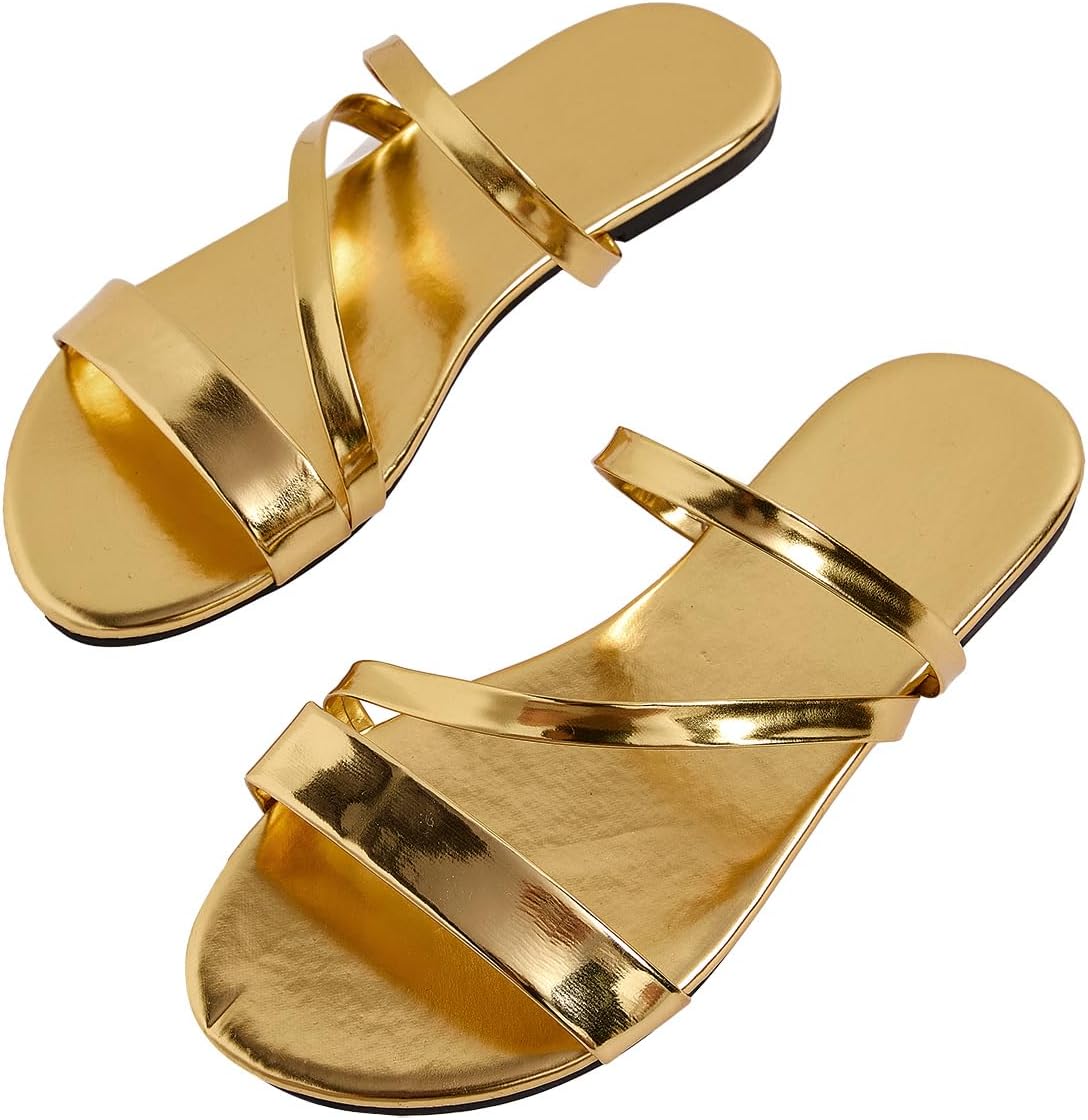Amazon.com | GORGLITTER Women's Metallic Strappy Open Toe Flat Sandal ...
