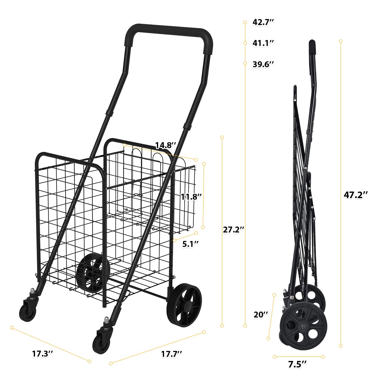 siffler Shopping Cart with 360Â° Rolling Swivel Wheels for Groceries ...