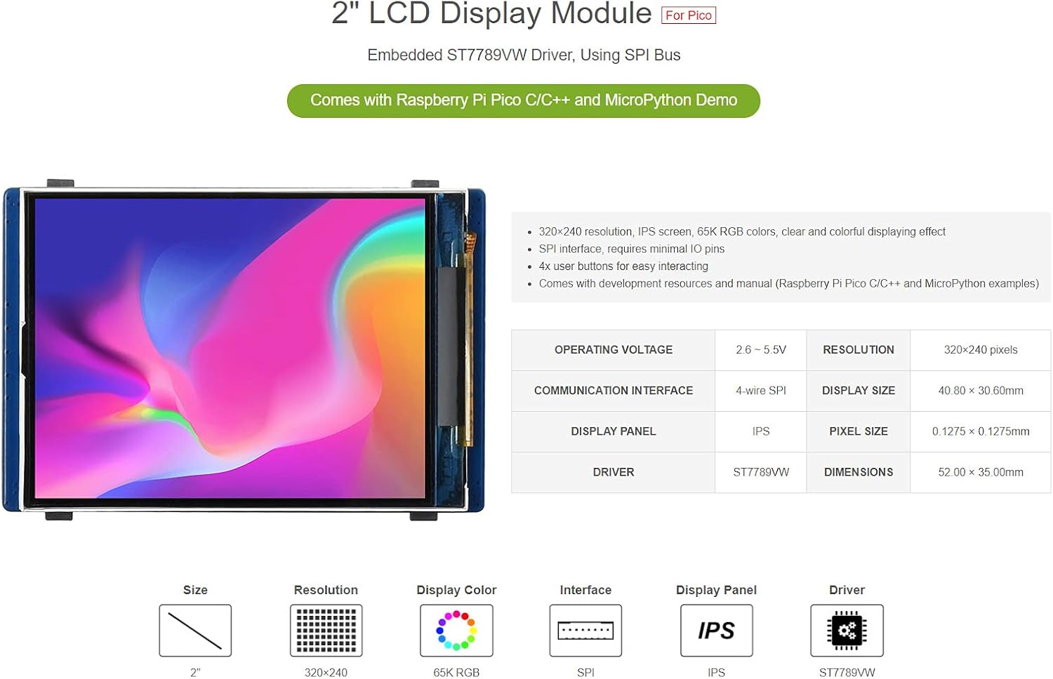 Waveshare 2inch LCD Display Module for Raspberry Pi Pico 320×240 Pixels ...