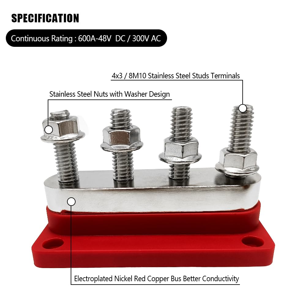 Snapklik.com : High Current 600A Battery Bus Bar 4-Stud 3/8" M10 Post ...