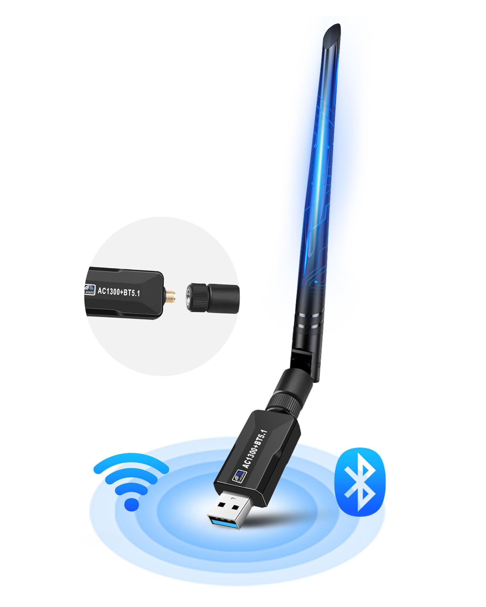 RUIZHI 6DBi Antenne Bluetooth Clé WiFi pour PC, AC1300M Doublebande (5. ...