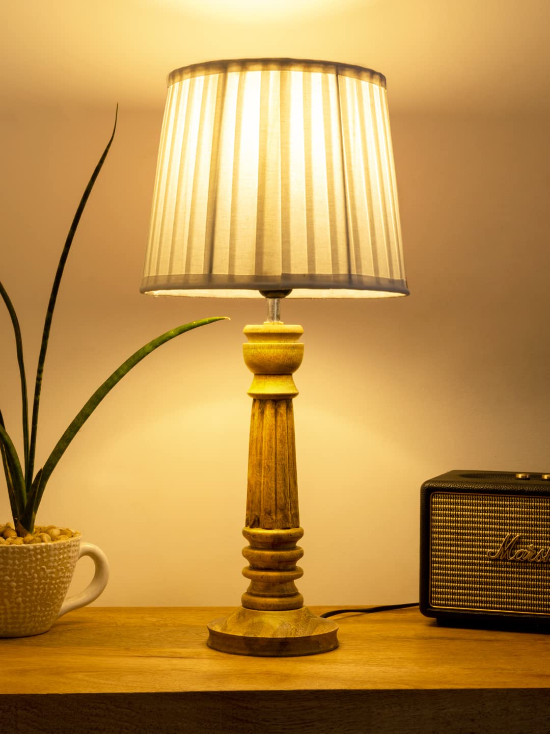 Buy Green Girgit Wooden Pillar Brown lamp with pleeted White Soft Shade ...