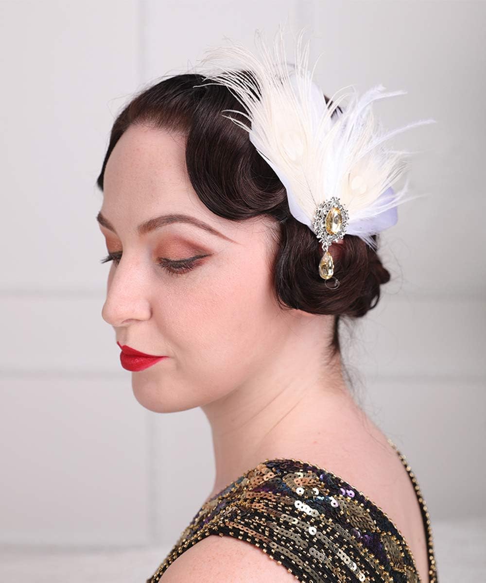 Amazon.com : Aimimier 1920s Flapper White Feather Headpiece Crystal ...