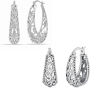 Amazon.com: LeCalla 925 Sterling Silver Filigree Hoop Earrings for Women | Set of 2 Filigree ...