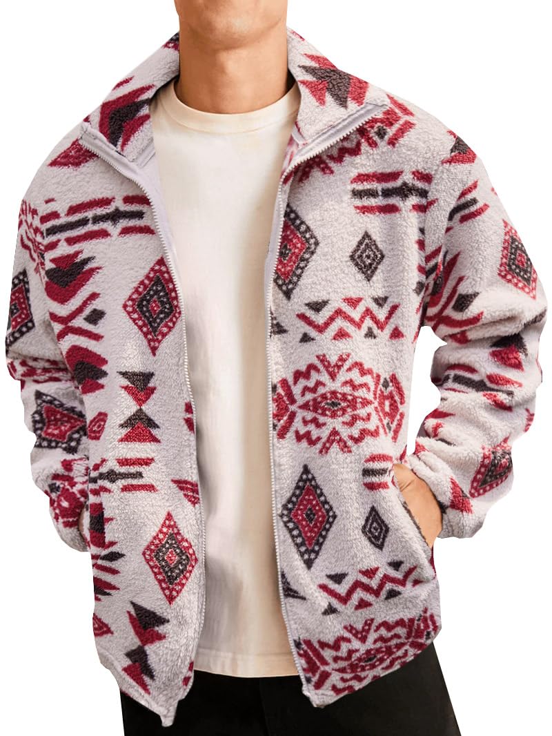Runcati Mens Aztec Fuzzy Sherpa Fleece Jacket Casual Full Zip Up ...