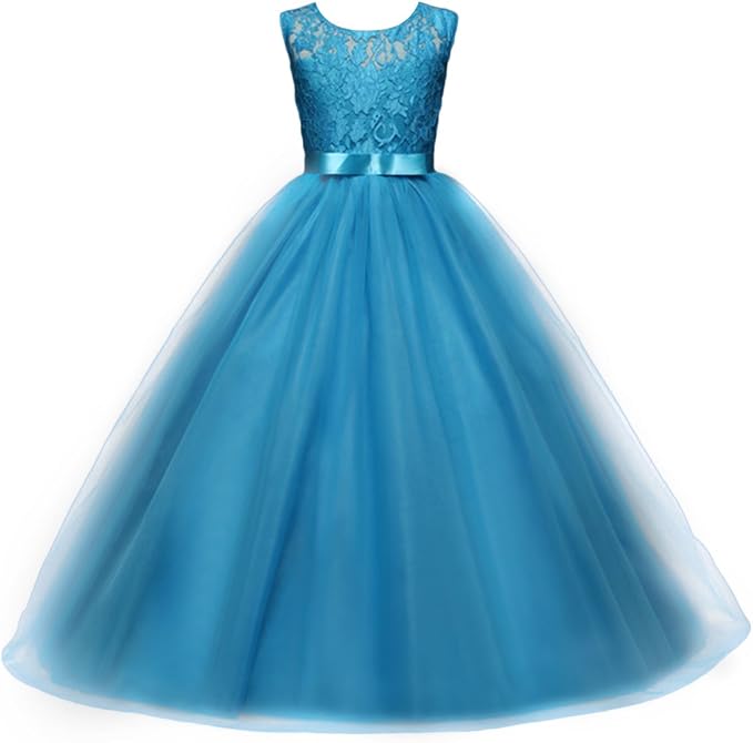 Amazon.com: Big Girl Flower Lace Princess Tulle Long Dress for Kids ...
