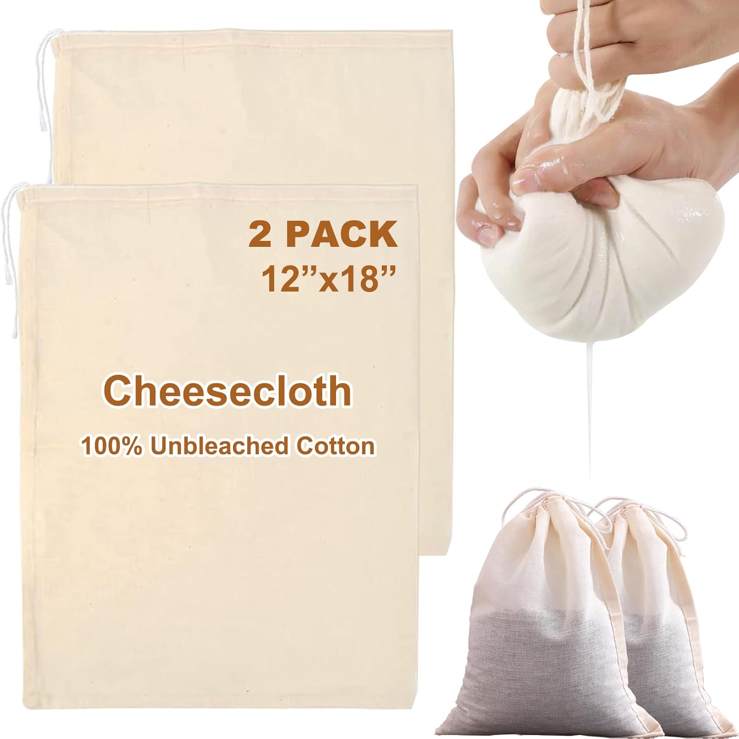 FTONOM5 2 Pack Large Cheese Cloth Bags for Straining - Cotton Muslin ...