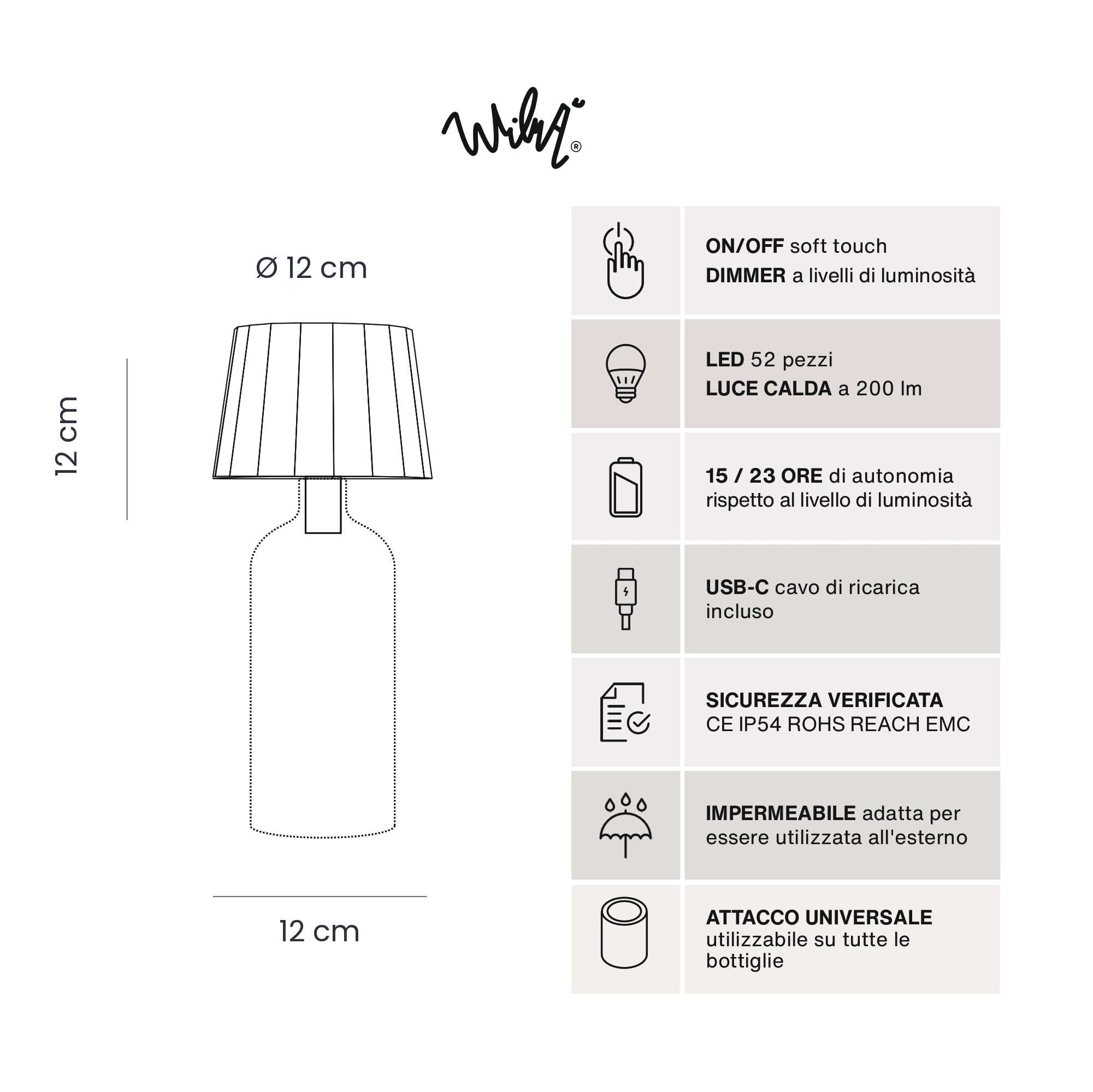 Wilmà Wine Lampada per Bottiglia LED Senza Fili Ricaricabile, Touch ...