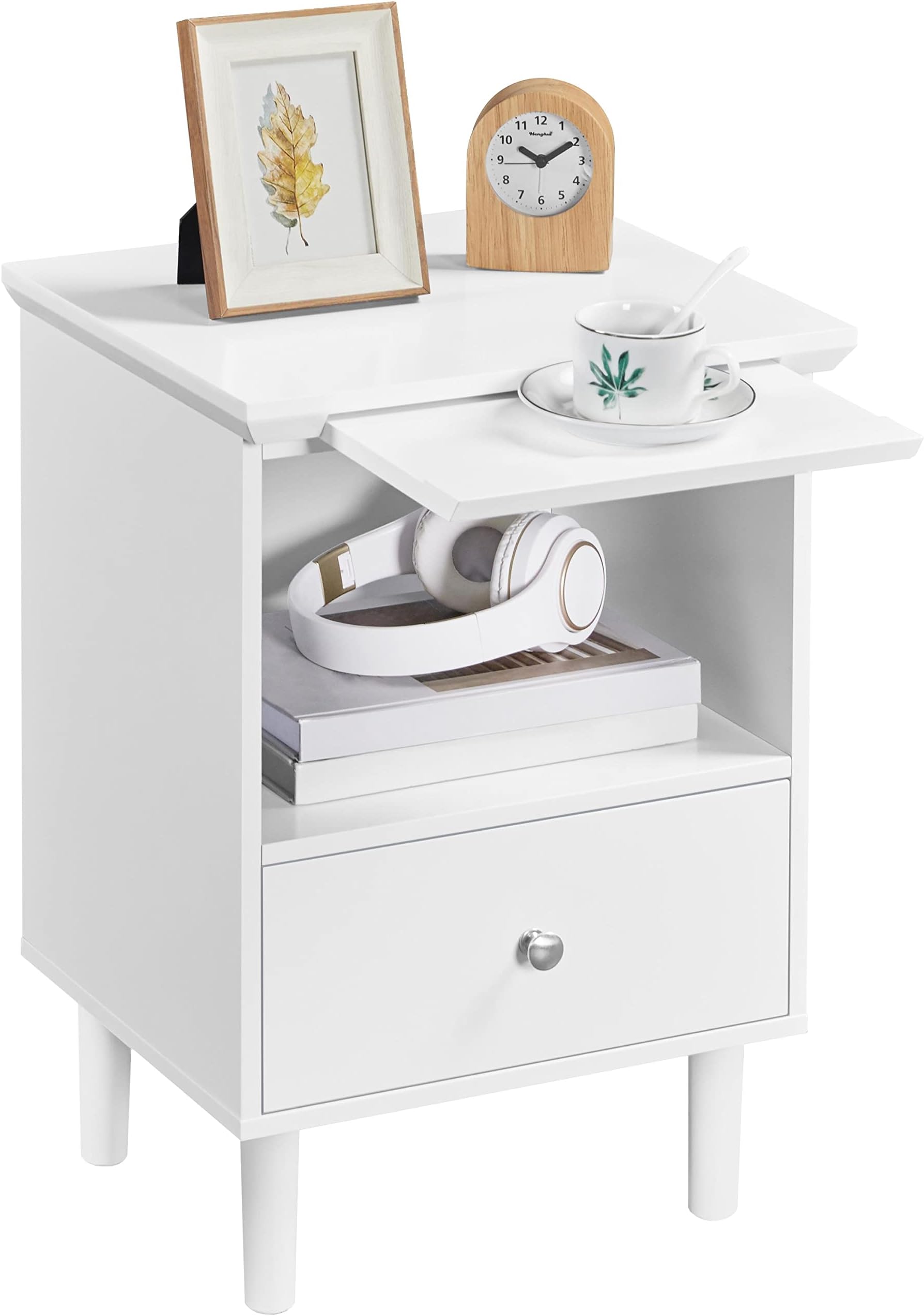 Yaheetech White Bedside Table, Wood Nightstand Cabinet with Pull Out ...
