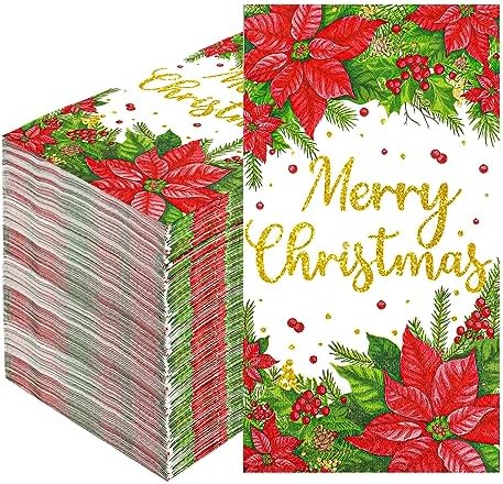 Amazon.com: 120 PCS Christmas Paper Napkins Poinsettia Flower Guest ...