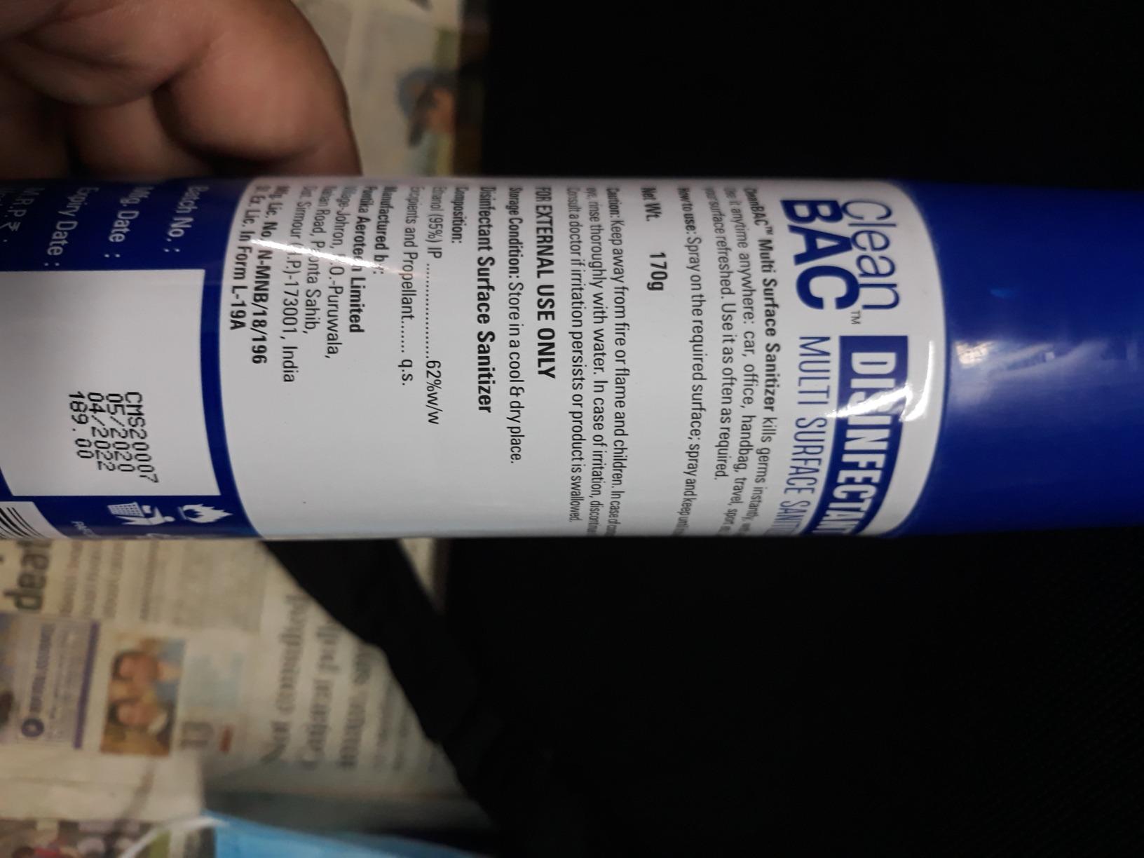 CleanBAC Multi-Purpose Disinfectant Spray For Hard & Soft Surfaces- 170 ...