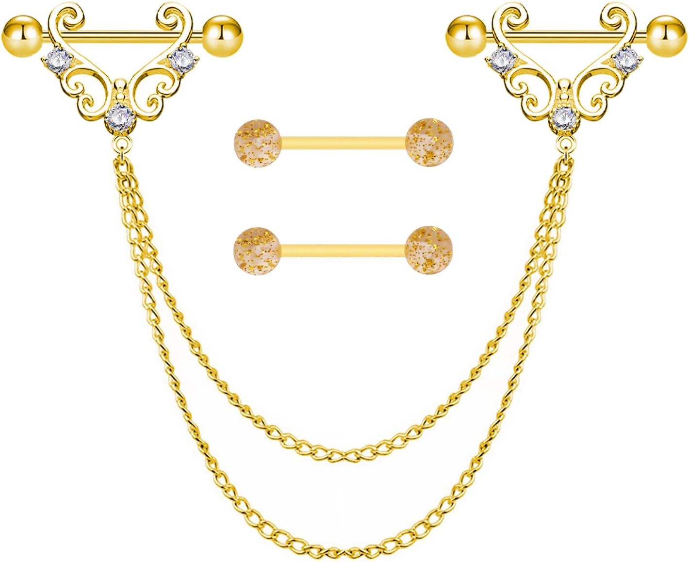 Amazon.com: VERAMI 14G 316L Double Chain Connecting Heart Nipple Rings Stainless Steel CZ Nipple ...