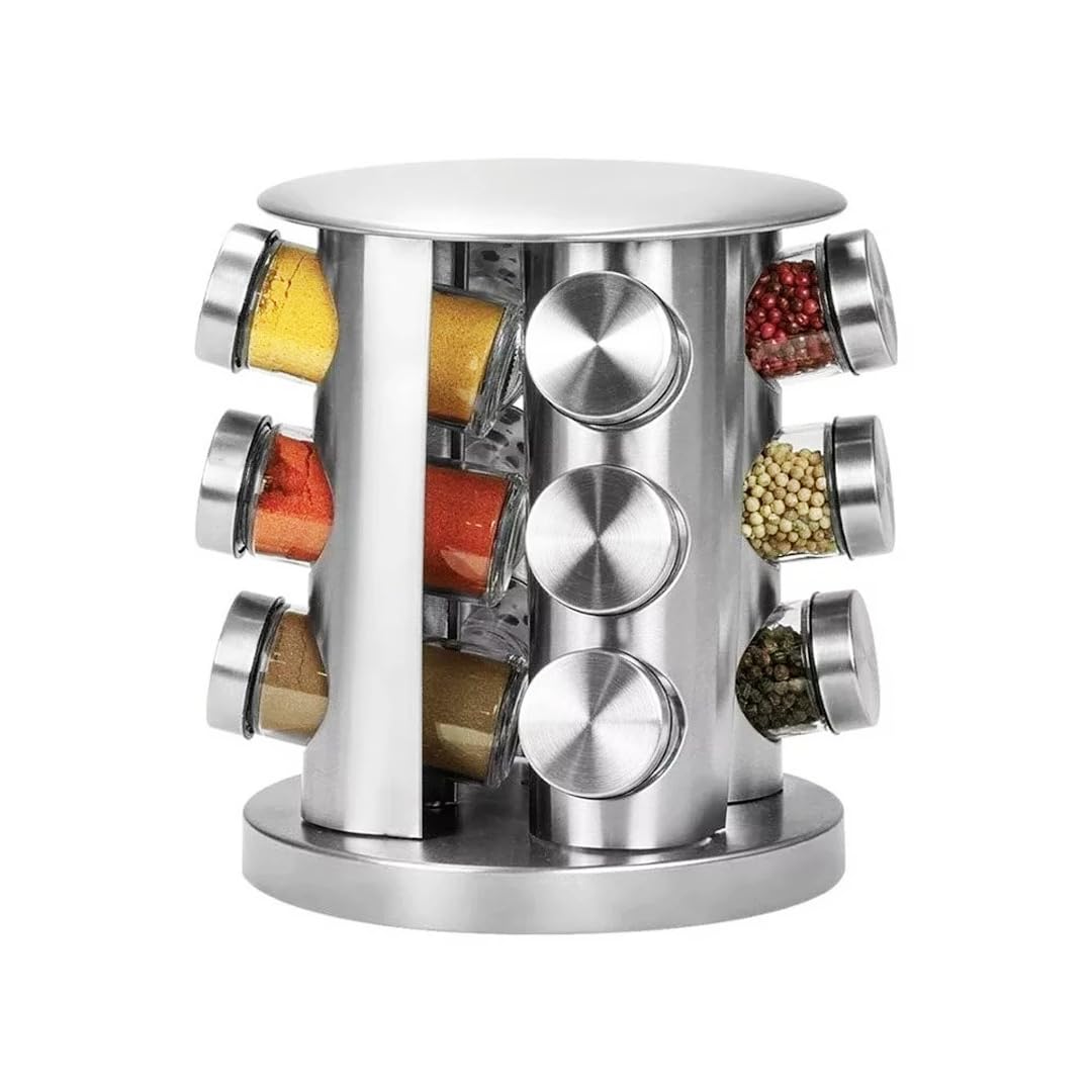 Porta Temperos Condimento Giratorio Inox Escovado 12 Potes de Vidro ...