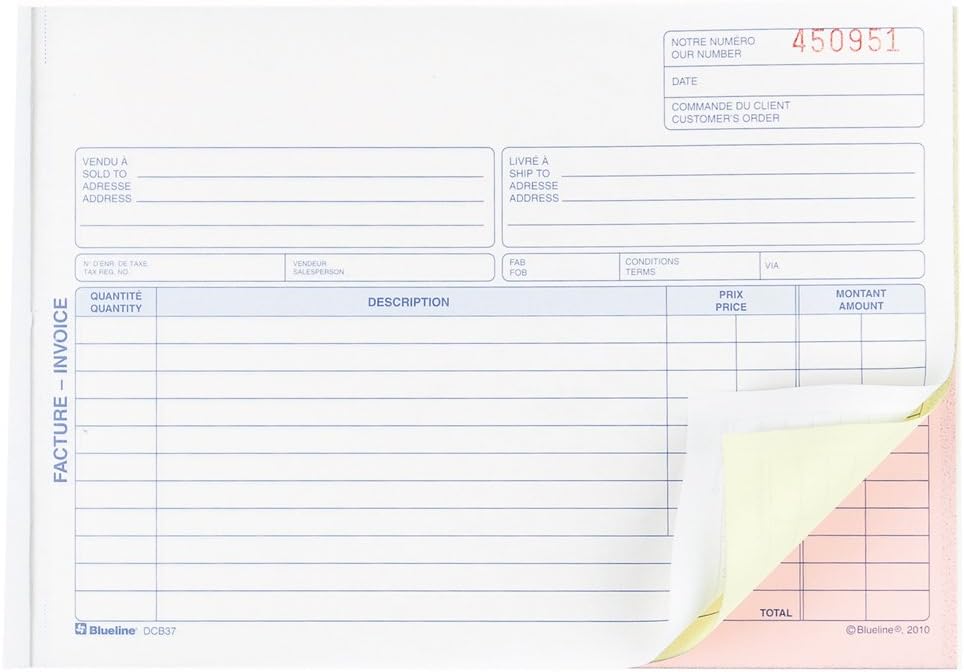 Blueline Invoices 50 Numbered Carbonless Triplicates Bilingual 5-3/8 ...