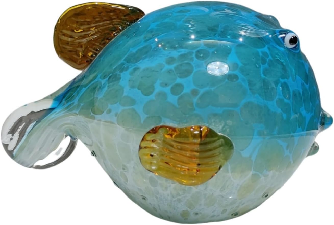 Amazon.com: HICIVI Hand Blown Glass Blue Puffer Fish Statue - Crystal ...