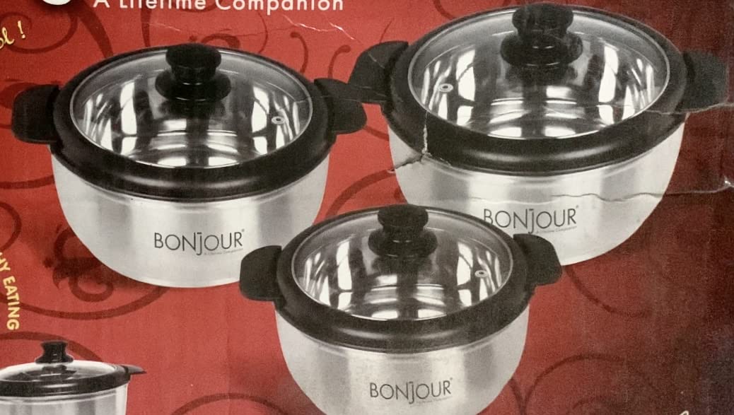 Buy Bonjour Silver 3-Piece Stainless Steel Casserole Set with Glass Lid ...
