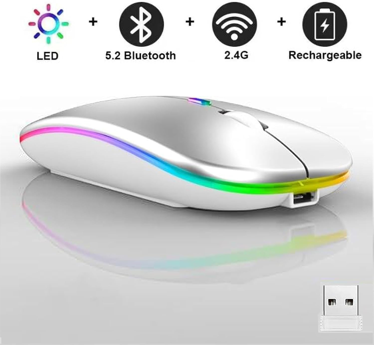Ratón Bluetooth inalámbrico, LED de doble modo recargable, silencioso y ...