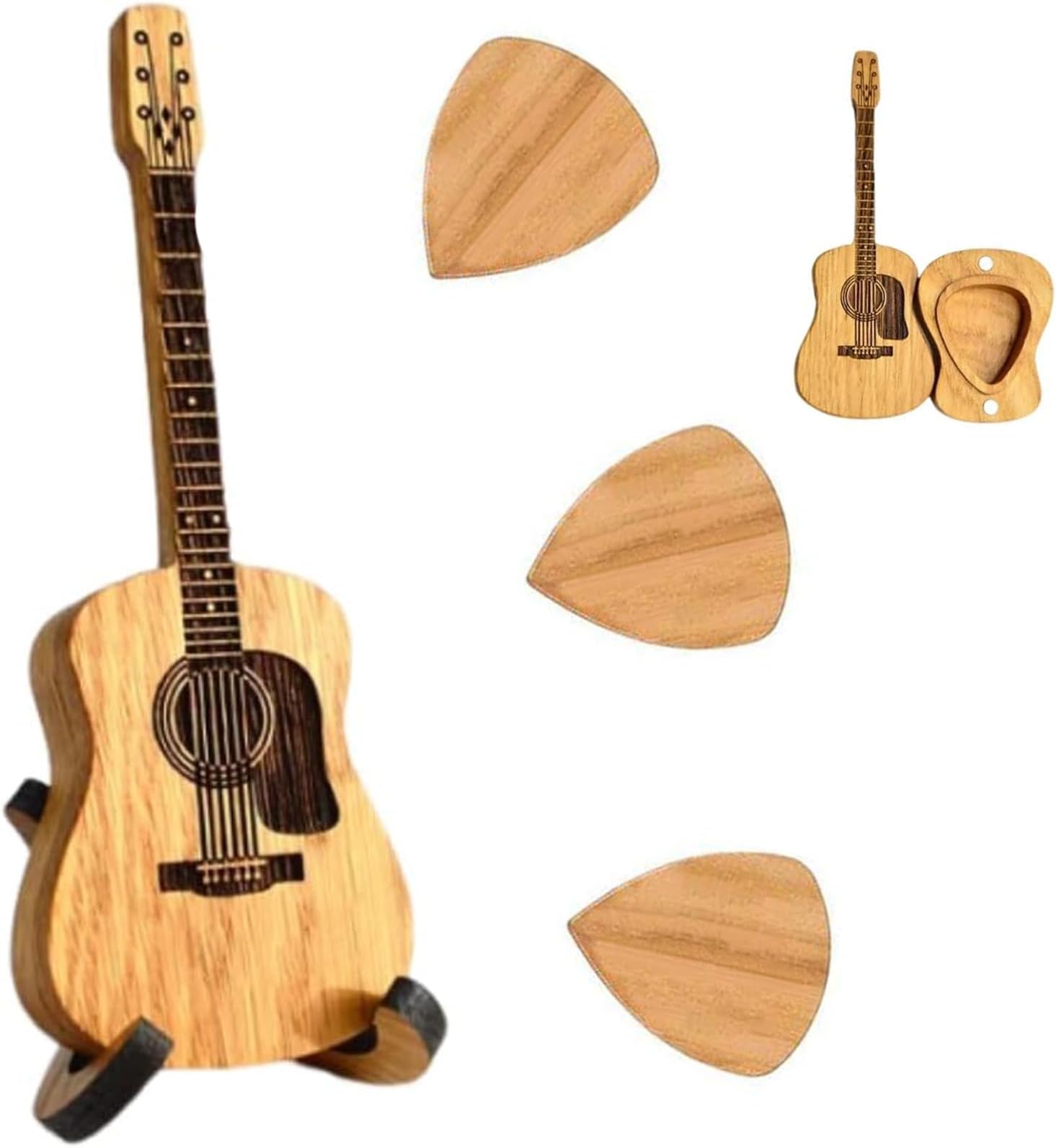 Wooden Acoustic Guitar Pick Box with 3 Picks, Storage Container - Music ...
