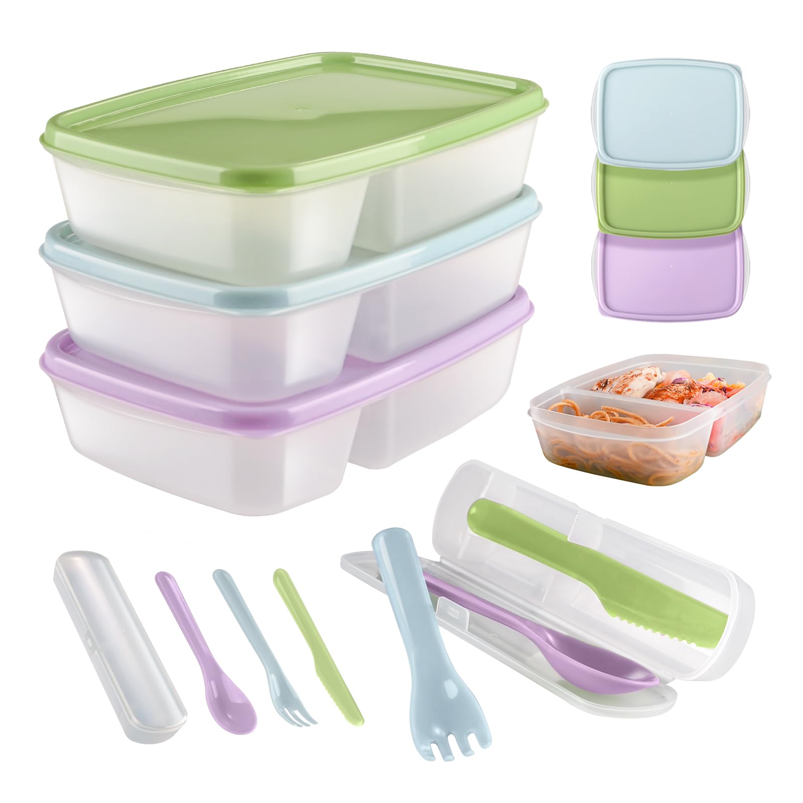 Amazon.com: 3 Pack Bento Lunch Box with Cutlery Set, 2 Compartment ...