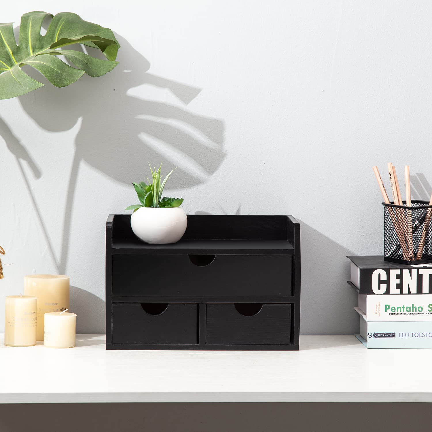 ExoLiry Black Bamboo Desk Organizer Wooden Storage Cabinet 3 Drawers ...