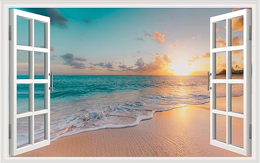 Amazon.com: Erllsino Sea Beach Wall Sticker Sunset Seascape Fake Window ...