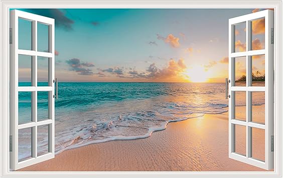 Amazon.com: Erllsino Sea Beach Wall Sticker Sunset Seascape Fake Window ...