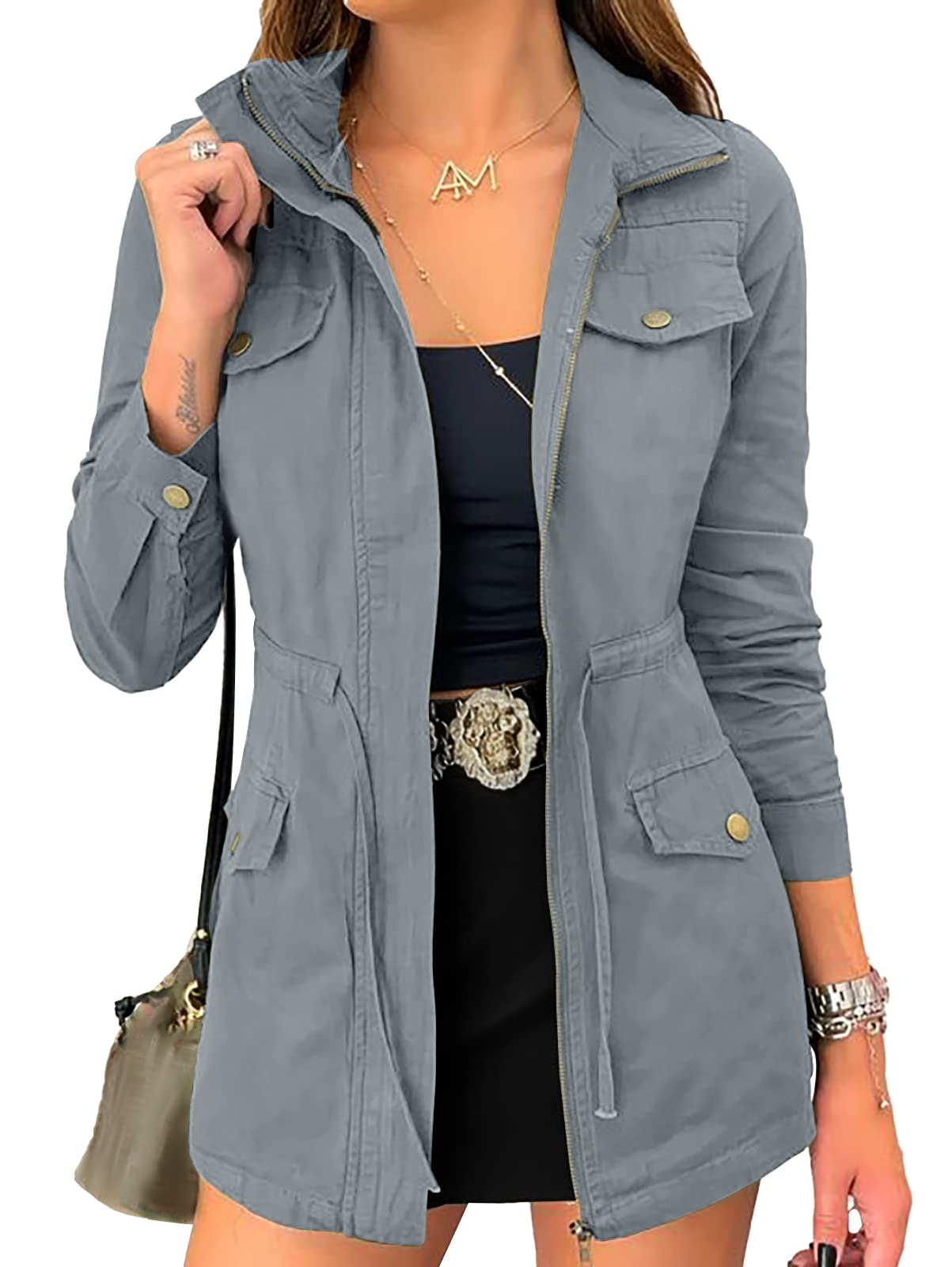 Ybenlow Womens Military Jacket Zip Up Lightweight Safari Utility ...