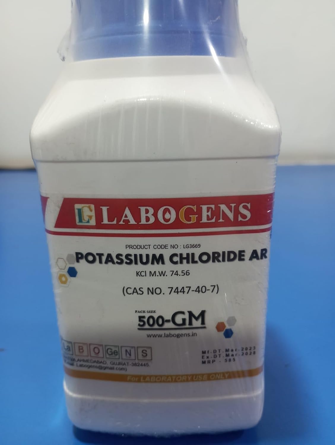LABOGENS POTASSIUM CHLORIDE AR 500GM (CAS NO. 7447-40-7), Assay : Min. 99.5% KCl M.W. 74.56 ...