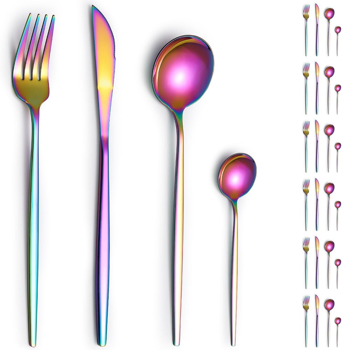 Cutlery Sets 24 Pieces Service for 6, ReaNea Rainbow Titanium Plating ...