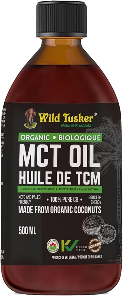 Wild Tusker Organic Premium MCT Oil (Fractionated Coconut Oil), 100% C8 Caprylic Acid, 500ml ...
