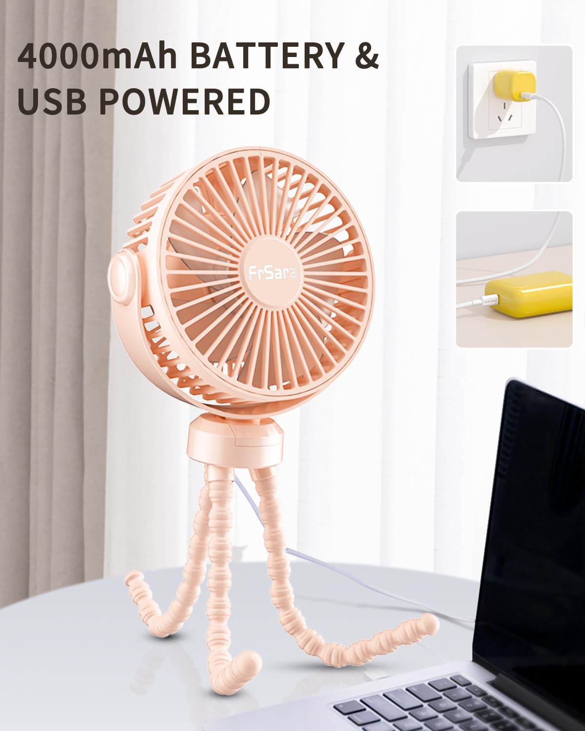 Snapklik.com : Portable Pink Baby Fan, Clip-On Stroller Fan, 4000mAh, 3 ...