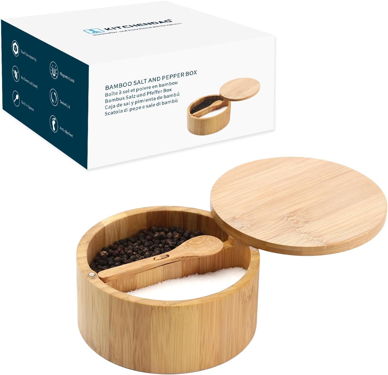 Amazon.com: OUTNILI 2-Compartment Salt Box with Lid and Spoon, Bamboo ...
