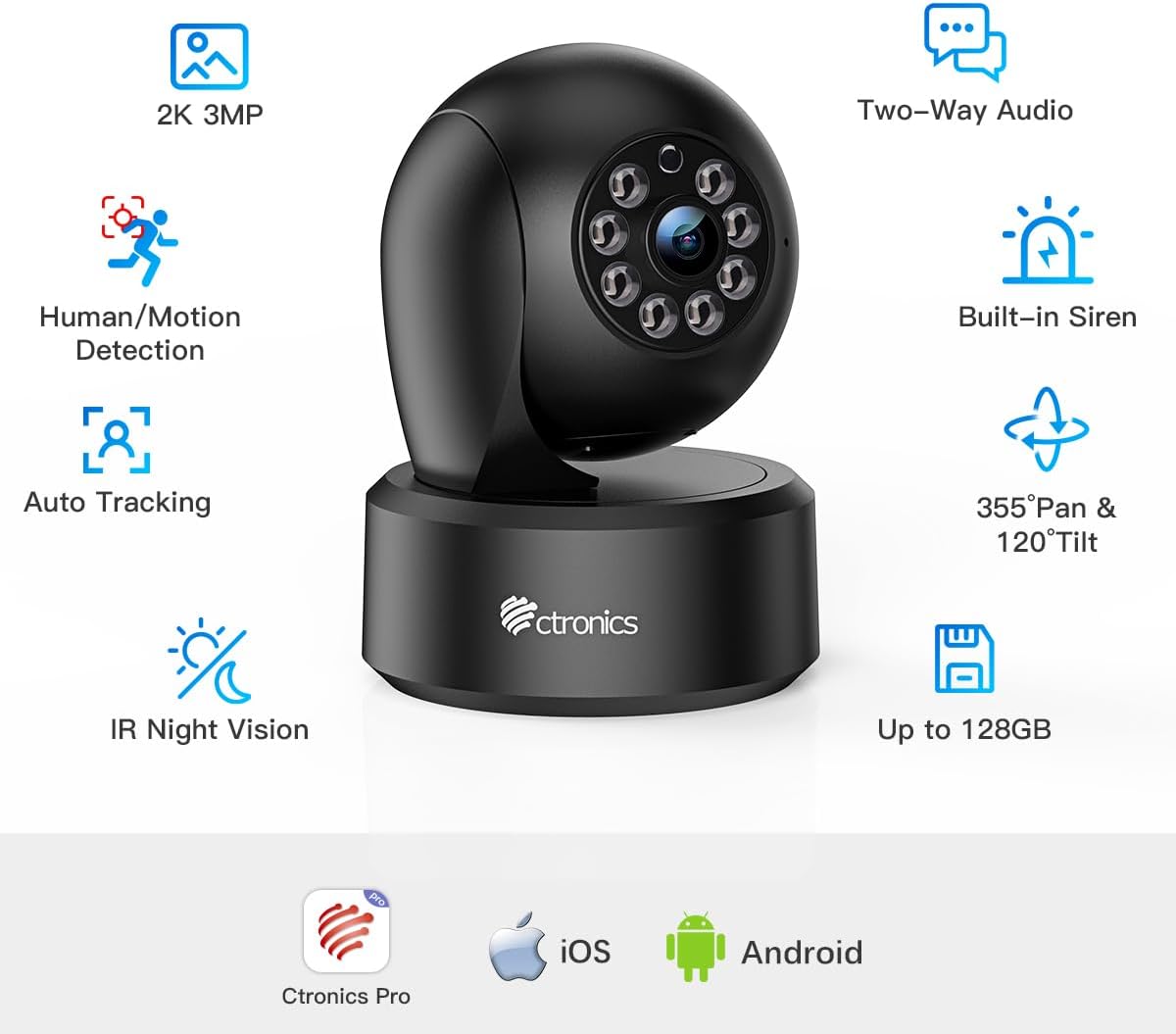 Ctronics 2K 3MP WiFi Indoor PTZ Security Camera (Model 710-3MPB ...