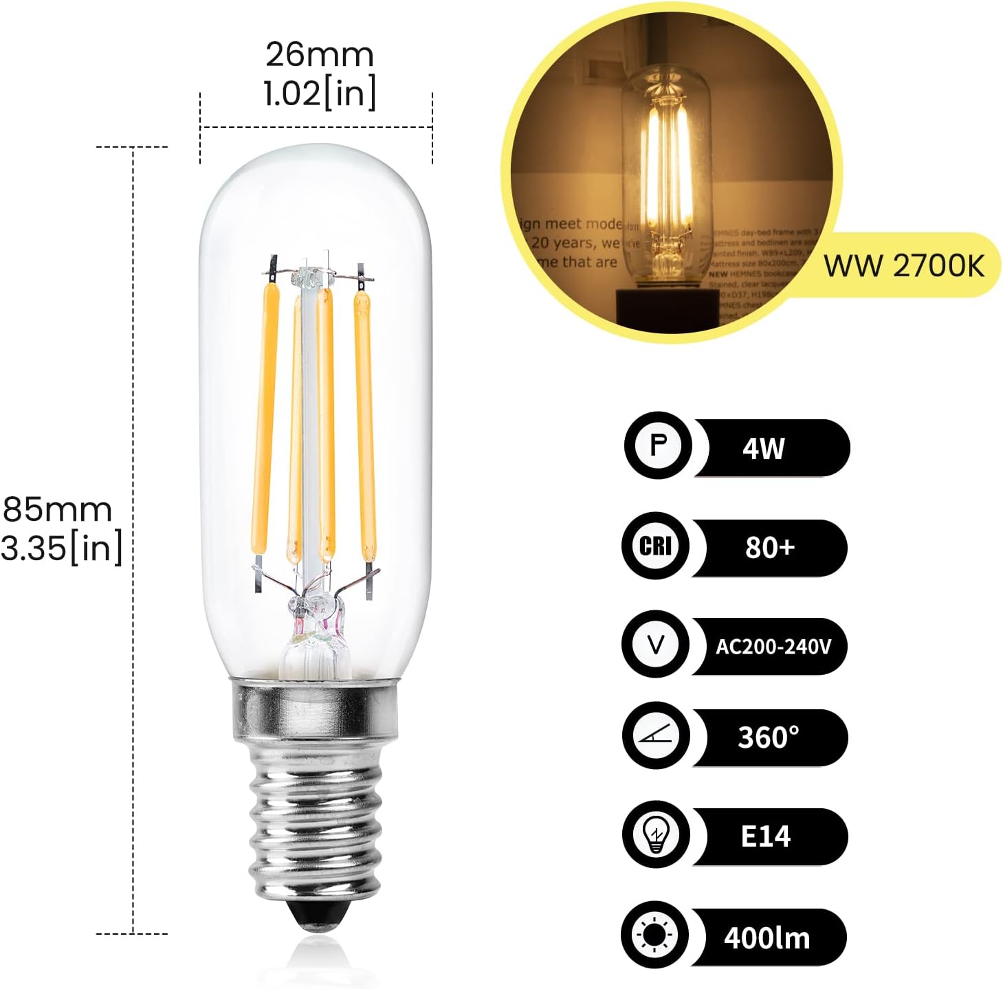 Bonlux LED Cooker Hood Bulbs, Dimmable 4W E14 Extractor Fan Bulb SES ...