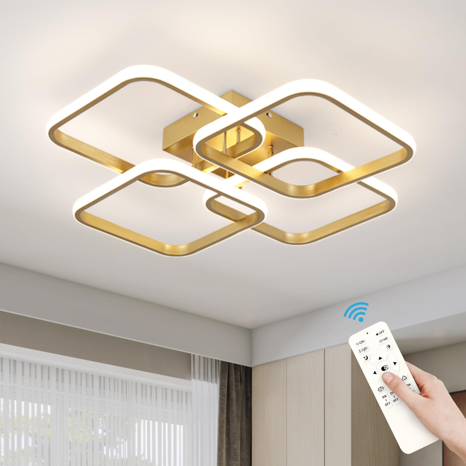 CANEOE Gold, Modern 4-Squares LED Ceiling Light Fixture, Dimmable ...