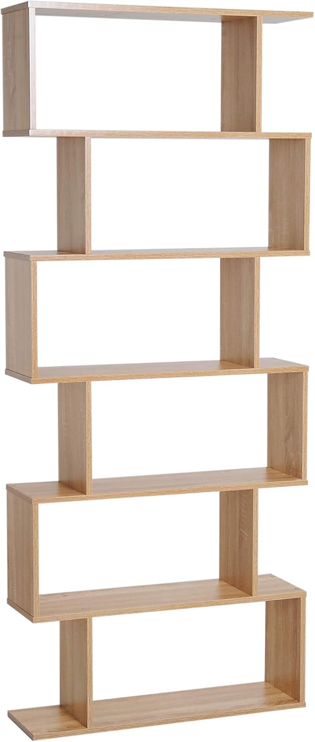HOMCOM Bookcase, 6 Tier Shelf S Shaped Bookshelf, Storage Unit, Display ...