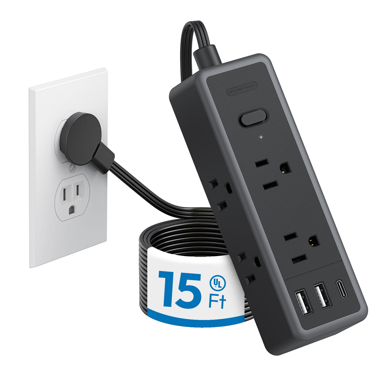 Amazon.com: NTONPOWER 15 ft Extension Cord, 1080 Joules Surge Protector ...