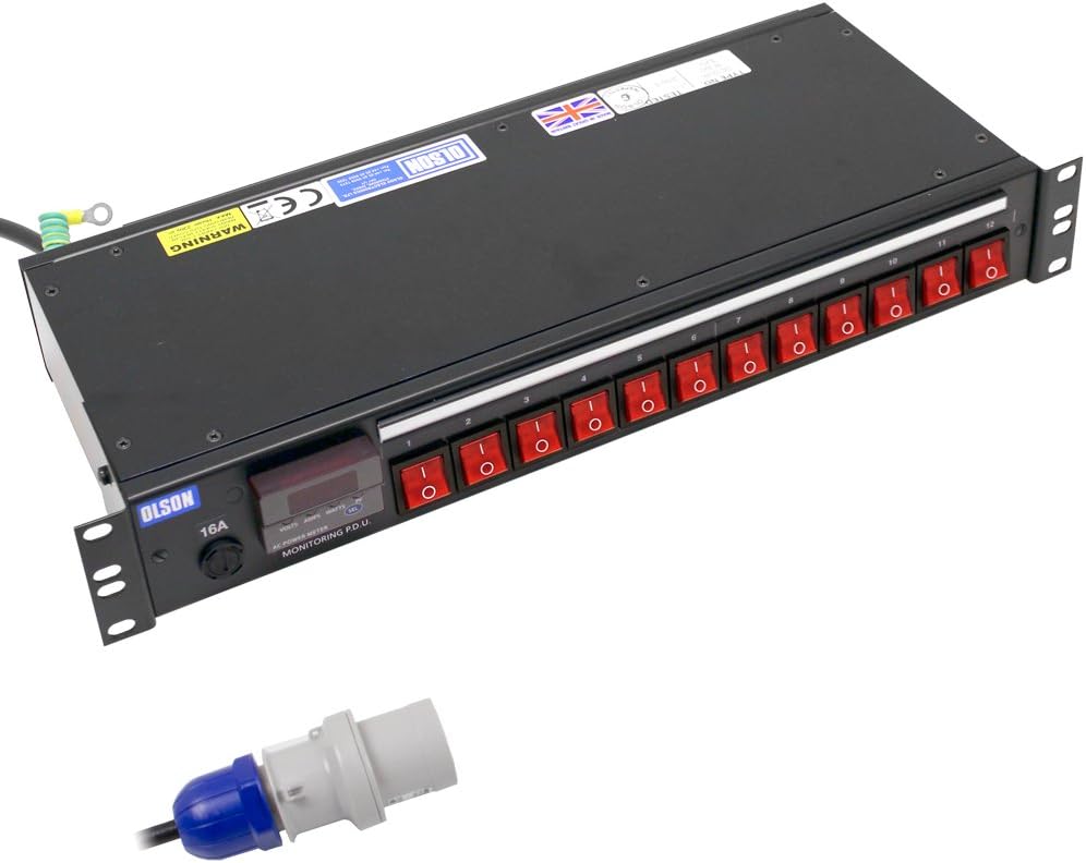 Olson Electronics PDU 12 Way 19" 1.5U Power Metered 16A C13 Manual Switching Rack Mount Rear ...